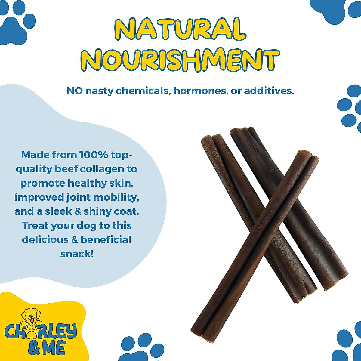 CHARLEY & ME Premium Collagen Sticks for Dogs - Long Lasting Dog Treats, Free Dog Chew Sticks - Hip & Joint Support, Healthy Skin, Shiny Coat - 100% Natural Beef - 6 Inches (Pack of 25)