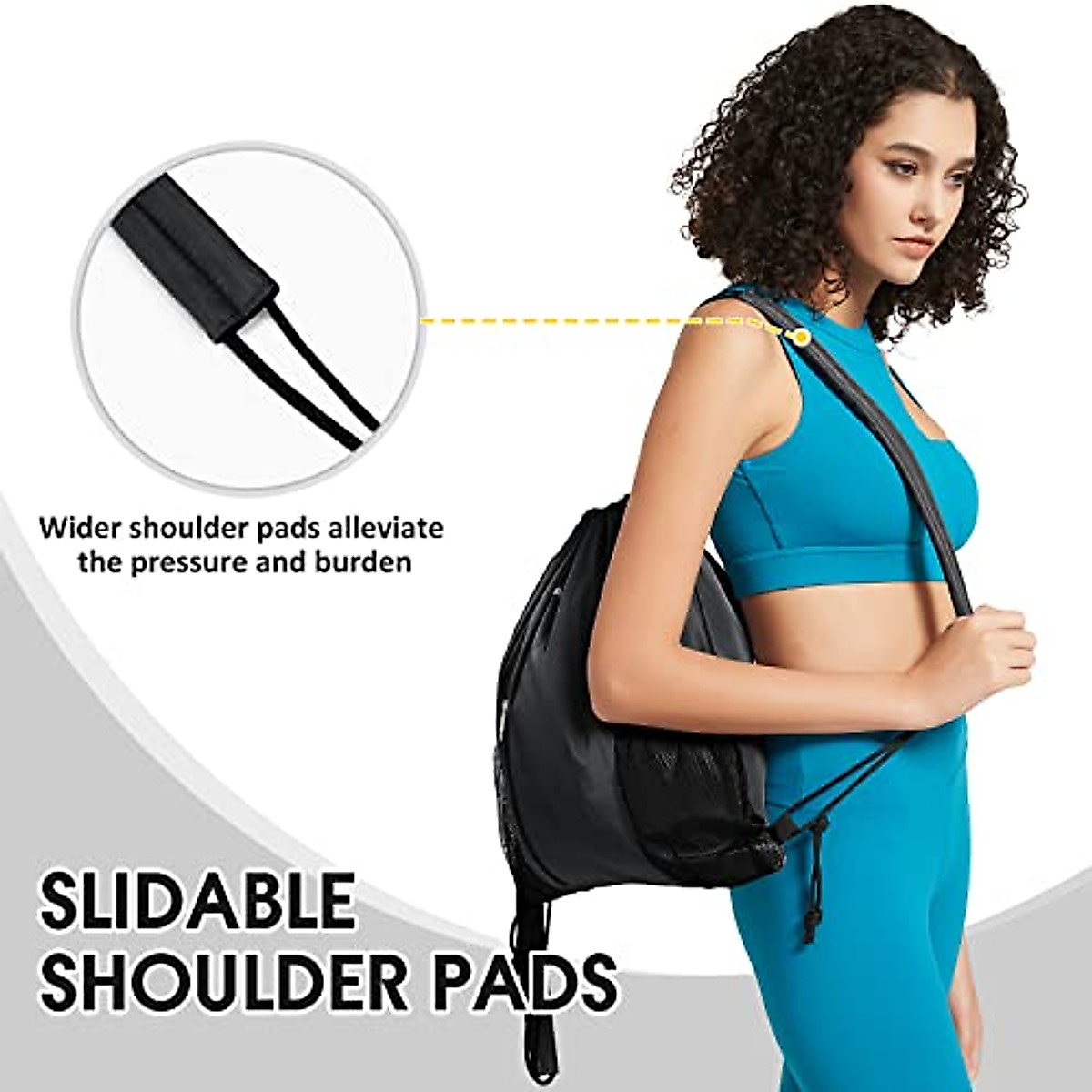 WANDF Drawstring Backpack with Shoulder Pad Sports Gym Backpack with Mesh Pocket String Bag for Women Men(Black)