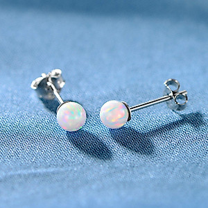 GEMSME 925 Sterling Silver Fire Opal Ball Stud Earrings 6mm White Gold Hypoallergenic Jewelry