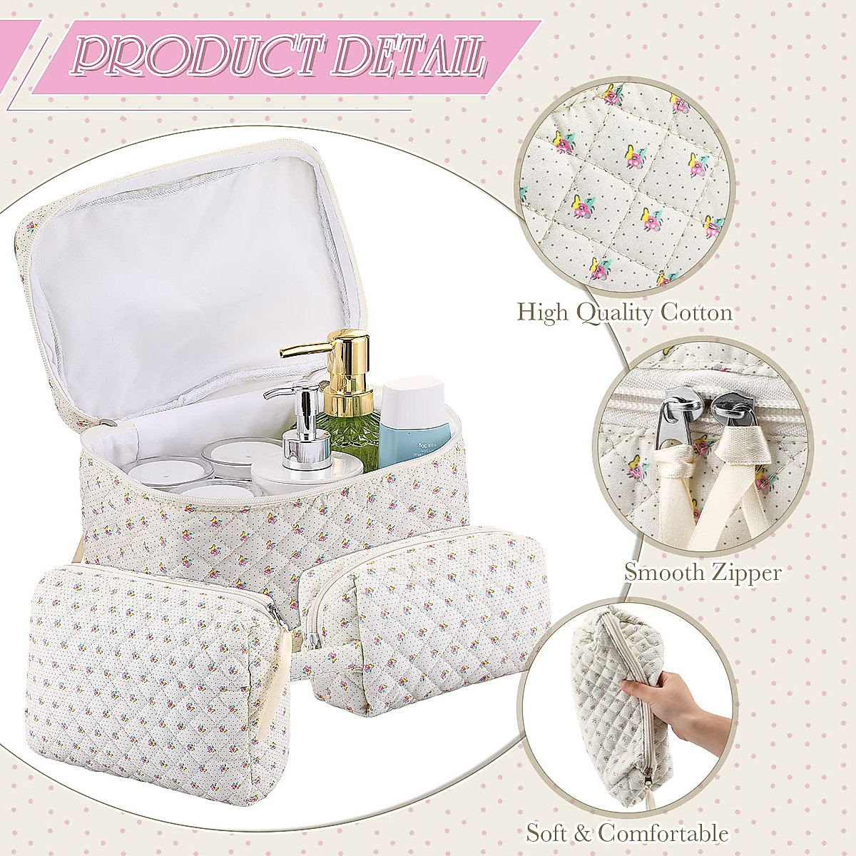 Paterr 3 Pieces Cotton Quilted Makeup Bag Set Coquette Cosmetic Bag Aesthetic Travel Toiletry pouch Cute Pouch Kawaii Aesthetic for Women(White,Little Flower)