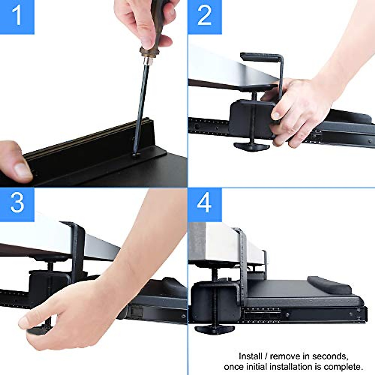 Laboratory 29 Preassembled Keyboard Tray – Adjustable Keyboard Tray Under Desk Slide Out – Easy Clamp-On Installation for Desks 33” or Wider – Wrist Rest Included (Black)