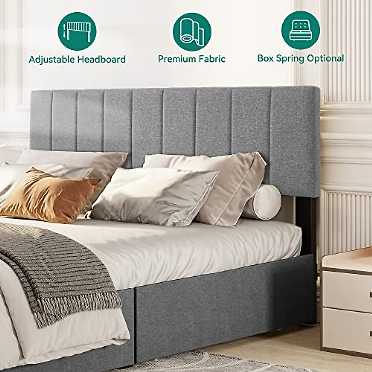 YITAHOME Upholstered Platform Bed Frame with 4 Storage Drawers and Adjustable Headboard, Mattress Foundation with Sturdy Wood Slat Support, No Box Spring Needed, Grey(Queen)