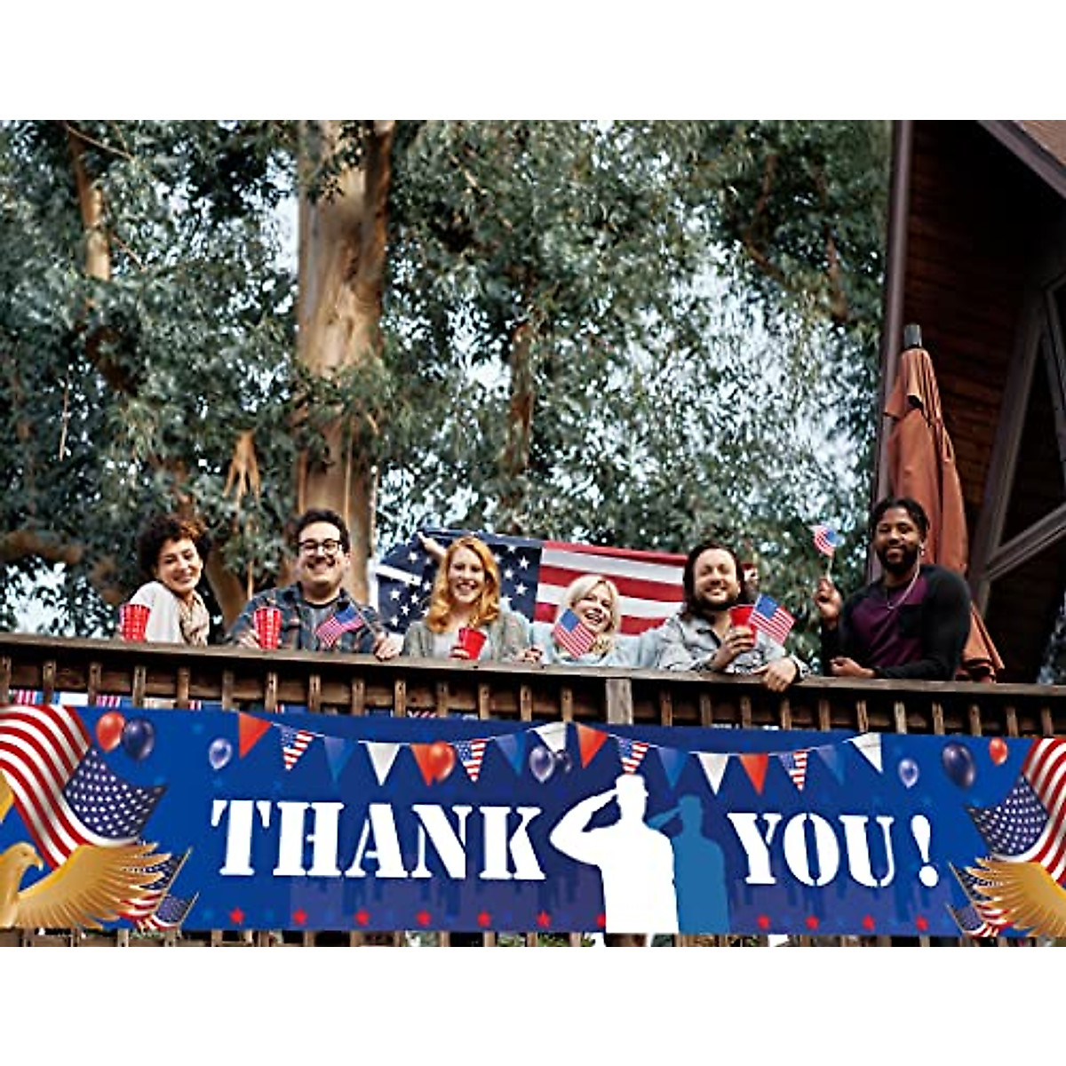 Large Thank You Memorial Day Banner, Fourth of July, Veterans Day Patriotic Yard Banner,American Patriotic Theme Memorial Day 4th of July Veterans Party Supplies Decorations (9.8 x 1.6 ft)