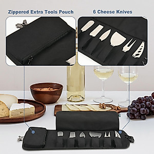 Beautyflier Cheese Knives Roll Bag, Mini Cheese Knife Set Roll Case - 6 Knife Slots and a Zipper Pocket, Canvas Chef Knife Roll Bag for Travel Party and Holiday Cheese Serving, Gray (Bag Only)