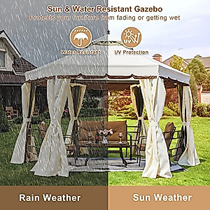 Erommy 12FT Outdoor Canopy Gazebo Hexagonal, Double Roof Patio Gazebo Steel Frame Pavilion with Netting and Shade Curtains for Garden,Patio,Party Canopy, Cream