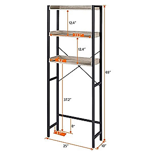 Topeakmart Bathroom Organizer,3-Tier Over The Toilet Storage Wooden Freestanding Bathroom Toilet Space Saving Rack with Metal Frame, 25" L x 10" W x 65" H, Easy Assembly, Gray