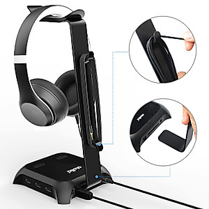 atolla Multifunctional Headphone Stand, USB Hub with Headphone Stand, Powered USB Hub with 6 USB Ports, 3.5mm AUX Ports with On/Off Switches, and 12V/2.5A Power Adapter