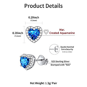 ChicSilver Women March Birthstone Jewelry 925 Sterling Silver Heart Blue Aquamarine Stud Halo Earrings 7mm Birth Stone Hypoallergenic Earrings for Women