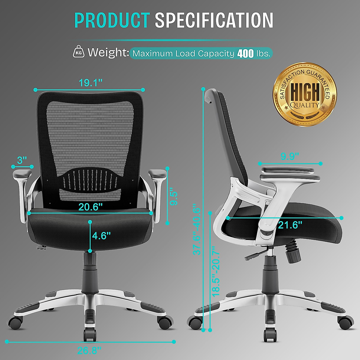 SUNNOW Office Chair, Ergonomic Computer Desk Chair, Sturdy Executive Task Chair - Adjustable Lumbar Support, Flip-up Arms, Tilt Function, Comfy Wide Seat, Swivel Mesh Home Office Desk Chairs (Black)