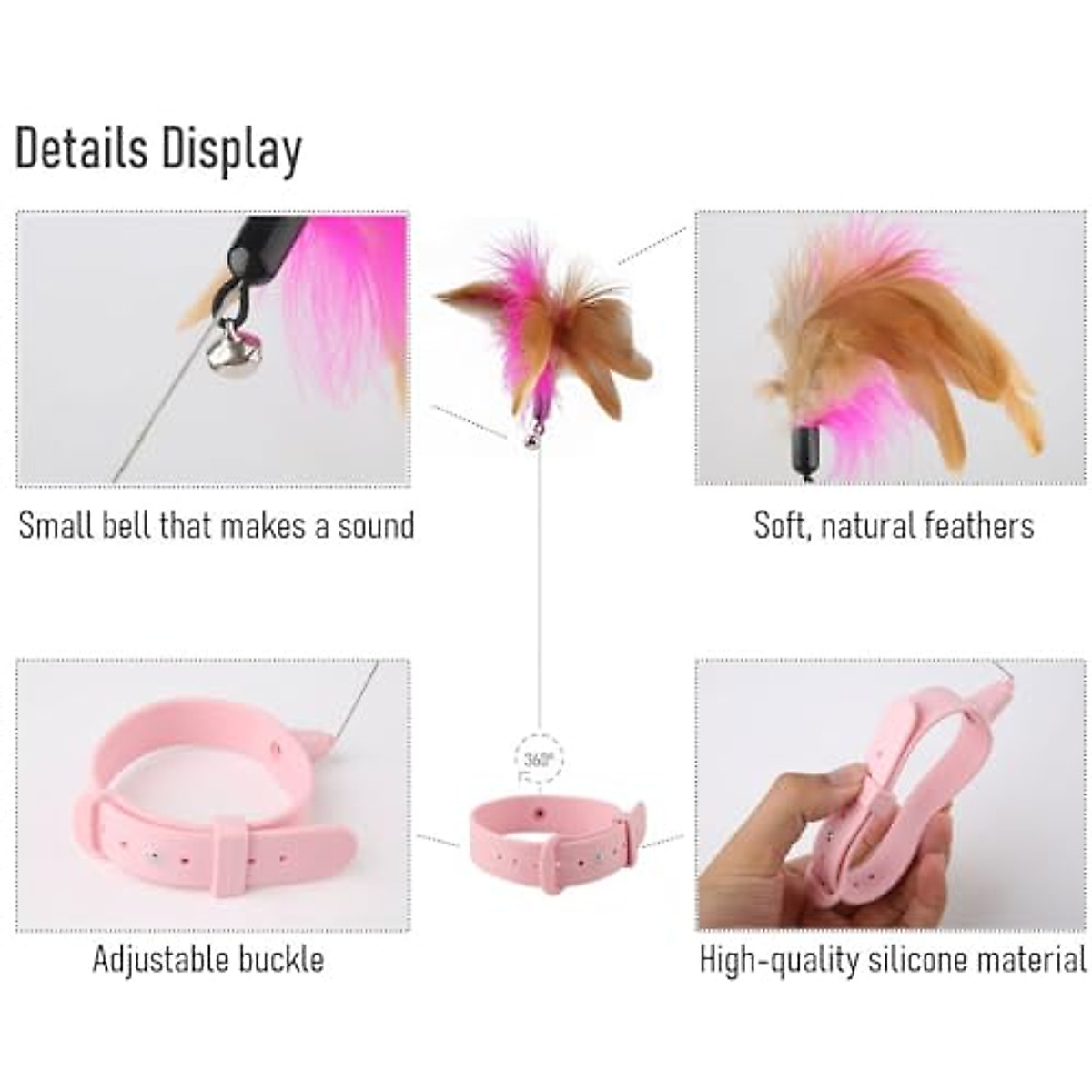KOTYA Cat Teasing Wand Silicone Collar Hands Free Toy with Bell and Feathers (Flamingo Pink)