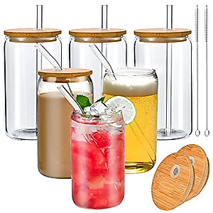 Volpeblu 6 Pack Glass Cups with Lids and Straws, 16 oz Iced Coffee Cup Glass Coffee Cups Drinking Glasses with Bamboo Lids & Glass Straw Beer Drinking Glasses Cute Tumbler for Cocktail, Soda, Water