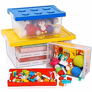 Thyle 18.9'' 3 Pcs Toy Storage Organizer Bins with Lid Toy Organizer Clear Stackable Storage Bins Box Plastic Brick Shaped Containers for Organizing Kids Crafts Puzzles Building Blocks, Yellow, Blue