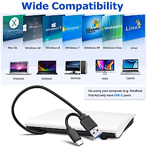 Haiway External DVD Drive, USB 3.0 Type-C CD Burner Portable CD DVD +/-RW Optical Drive Slim CD DVD ROM Rewriter CD/DVD Player Writer Reader for Laptop Desktop MacBook PC Windows Linux Mac OS (White)