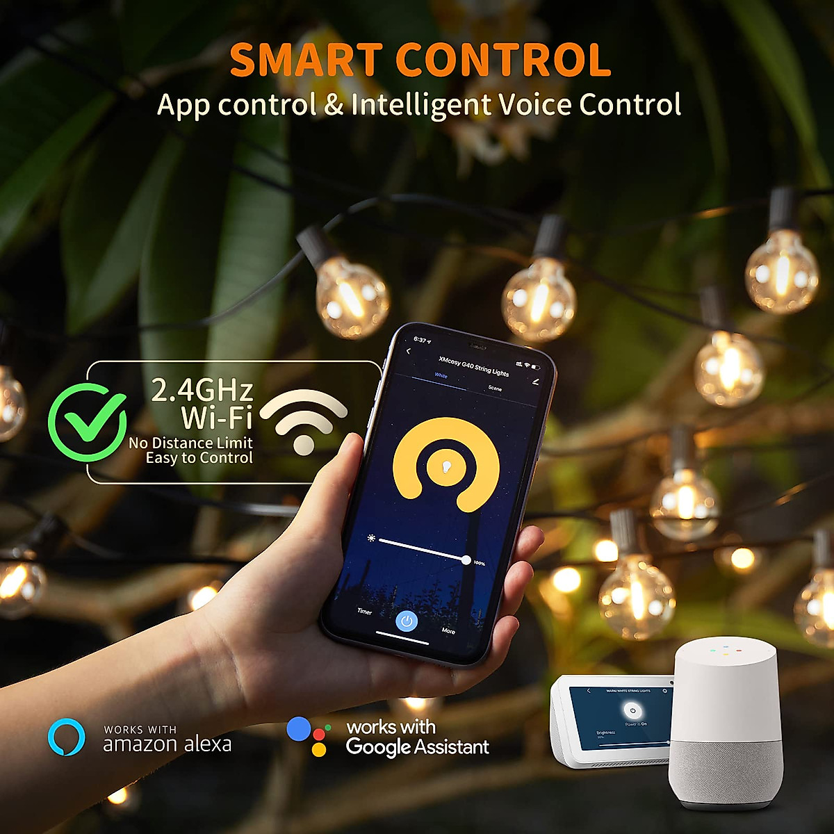 XMCOSY+ Smart Outdoor String Lights, 75Ft G40 Globe Patio Lights with 34 Dimmable LED Bulbs, WiFi & APP Control, Work with Alexa, Extendable Waterproof LED String Lights for Outside, Porch, Backyard