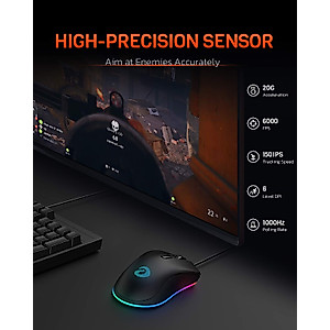 DAREU Wired Gaming Mouse, 6400DPI,6 Programmable Buttons, Ergonomic RGB Gaming Mouse with 16.8 Million Chroma 7 Backlit for PC, Laptop, and Notebook