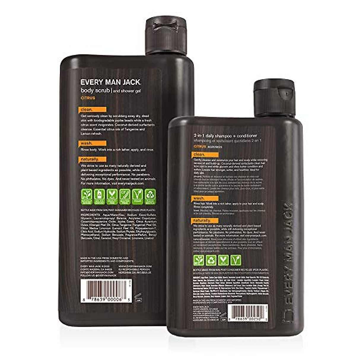 Every Man Jack Body Wash + Shampoo Set - Citrus | 16.9-ounce Body Wash + 13.5-ounce 2-in-1 Shampoo + Conditioner | Naturally Derived, Parabens-free, Pthalate-free, Certified Cruelty Free