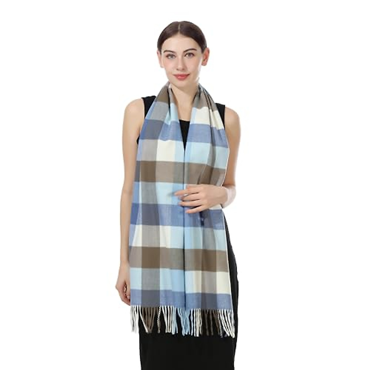 Velurie Women Winter Scarf Elegant Shawl Wrap Men Supreme Comfort Style Cashmere Feel Unisex Exquisite Timeless Design (Blue/Brown/Ivory - SW29)