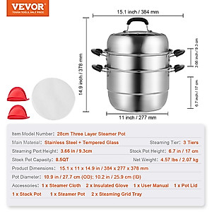 VEVOR Steamer Pot 11in/28cm, 3 Tier Steamer Pot for Cooking with 8.5QT Stock Pot, Vegetable Steamer & 2 Steaming Tray, Food-Grade 304 Stainless Steel Food Steamer Cookware for Gas Electric Stove Grill