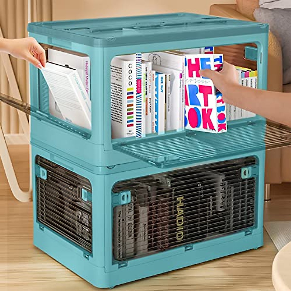 UNDERCURRENT SURGING Collapsible Storage Bins,Storage Bins with Lids,Stackable Toy, 8.2Gal Folding Storage Box (Blue 2 Pack)