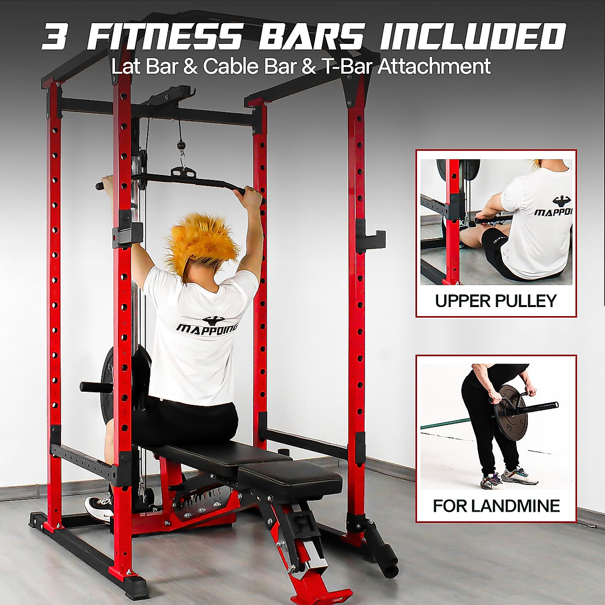 Mappding 1500 LBS Power Cage, Squat Rack for Home Gym with LAT Pullup System with 3 Grip Variations, Leg Hold-Down Attachment, Weight Cage with More Training Attachment for Garage Workout, Q2 Red