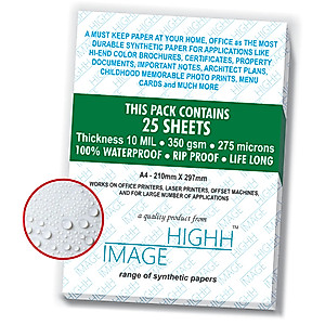 WATERPROOF PAPER | 25 SHEETS, THICKNESS 10 MIL LB, 225 LB, 275 MICRONS SYNTHETIC PAPER, 8.5X11 from HIGHH IMAGE | PRINT WITH LASER PRINTERS | Not for Inkjet Printers.