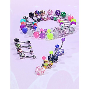SCERRING Belly Button Rings 14G Stainless Steel Navel Belly Earring Heart Opal Navel Ring Barbell Body Piercing Jewelry 32PCS Mix Color