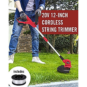 PowerSmart 20V Li-Ion Cordless String Trimmer, One Battery-Auto Feed Thread Trimmer, 12 INCH Cutting Diameter, Height Adjustable Cordless Edger Trimmer Included A Fast Charger and Two Battery
