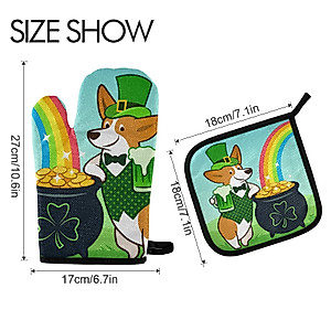 FFYHO St. Patrick's Day Oven Mitts & Pot Holders 2pcs Cute Corgi Dog Kitchen Heat Resistant Non-Slip Potholders Set for Women Cooking Baking BBQ