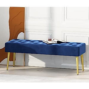 Lamerge Velvet Entryway Bench, Modern Upholstered Tufted Ottoman Stool with Embedded Crystal, Footrest Accent Bench end of Bed Stool for Doorway, Living Room, Lock Room, Bedroom 44"×15"×18" (Blue)