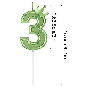 3inch Birthday Number Candle, 3D Candle Cake Topper with Crown Cake Numeral Candles Number Candles for Birthday Anniversary Parties (Green; 3)