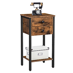HOOBRO Tall Nightstand, Bedside Table with 2 Drawers and Storage Shelf, Industrial Telephone End Table for Study, Bedroom, Side Table Space Saving, Easy Assembly, Rustic Brown and Black BF72BZ01