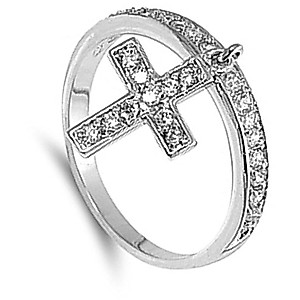 Sterling Silver Women's Clear CZ Dangle Cross Ring Cute Band 12mm Size 10