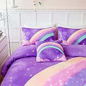ANGIYUIN Purple Twin Bed in A Bag, 6 Pieces Rainbow Gradient Glitter Bedding Sets for Girls, 3D Galaxy Nebula Kids Comforter Set with Comforter Sheets Pillowcases for All Season