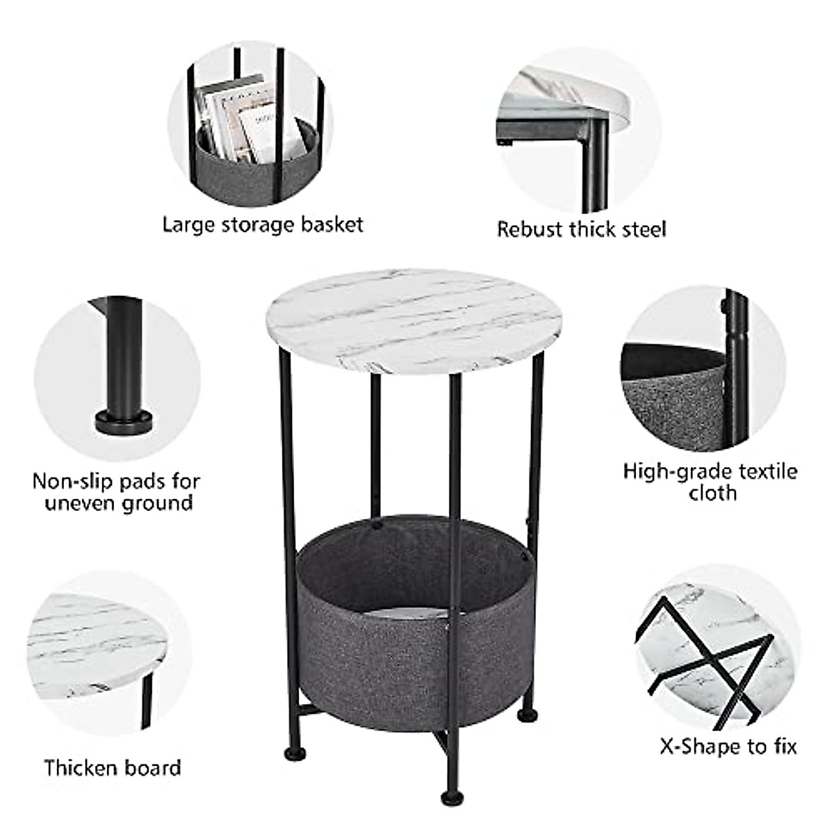 LEMONDA 26" High Marble White Round End Table with Storage,Small 2 Tiers Round Side Table with Basket for Living Room Bedroom,Round Sofa Table Nightstand Bedside Table for Small Spaces