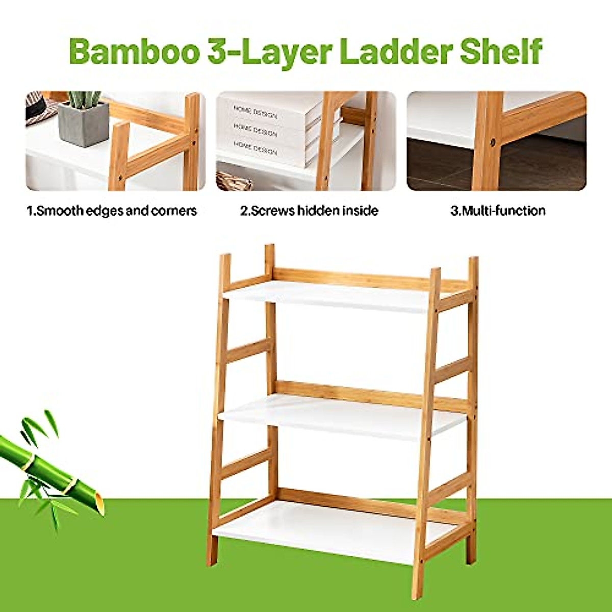 Forevich Ladder Shelf 3 Tier Bamboo Bookshelf Storage Rack Shelves Bookcase Plant Flower Stand for Living Room Bathroom Kitchen Ladder