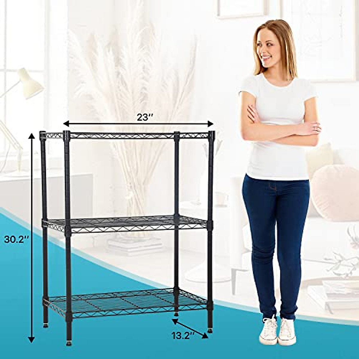 Storage Shelf Heavy Duty 3 Wire Shelving Unit Storage Rack Adjustable with Leveling Feet for Bathroom Kitchen Garage Laundry Pantry 450 LBS Capacity 23Lx13.2Wx30.2H, Black
