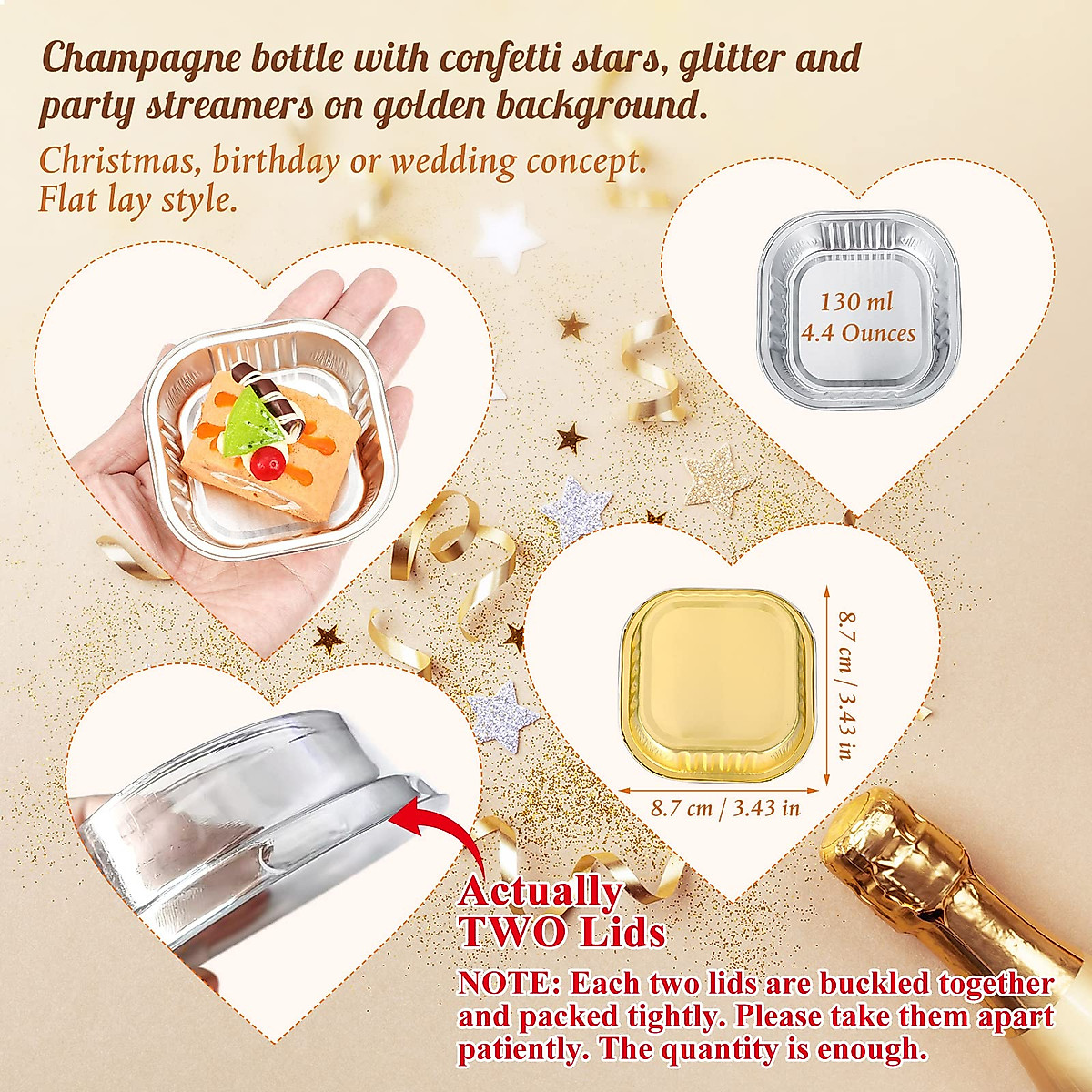 Geiserailie 40 Sets Square Aluminum Foil Cake Pan 130 ml/ 4.4 Ounces Mini Disposable Dessert Cupcake Cup Pan with Lids Flan Baking Cups for Wedding Birthday Party(Golden)