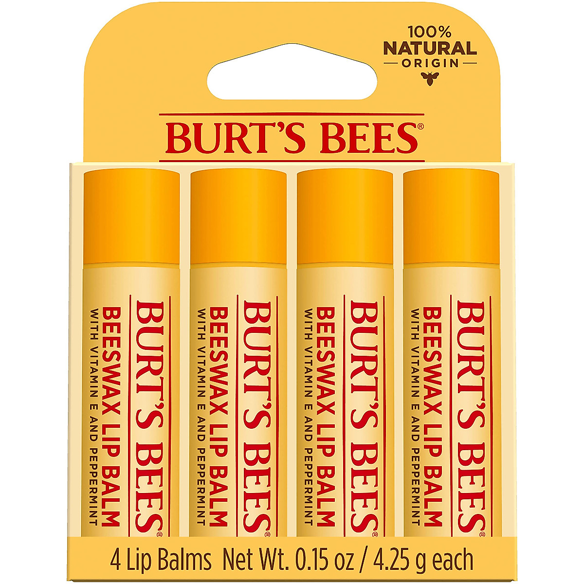 Burt's Bees Lip Balm Easter Basket Stuffers, Moisturizing Lip Care Spring Gift, for All Day Hydration, 100% Natural, Original Beeswax with Vitamin E & Peppermint Oil (4 Pack)