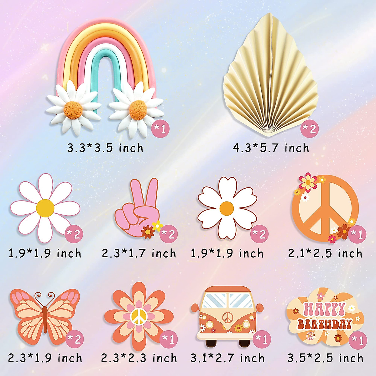 15 PCS Groovy Cupcake Toppers Boho Rainbow Cake Topper Hippie Party Decorations with Flower Bus Happy Birthday for Girl 2nd Birthday Party 60s Theme Boho Groovy Party Supplies (Bohemia)