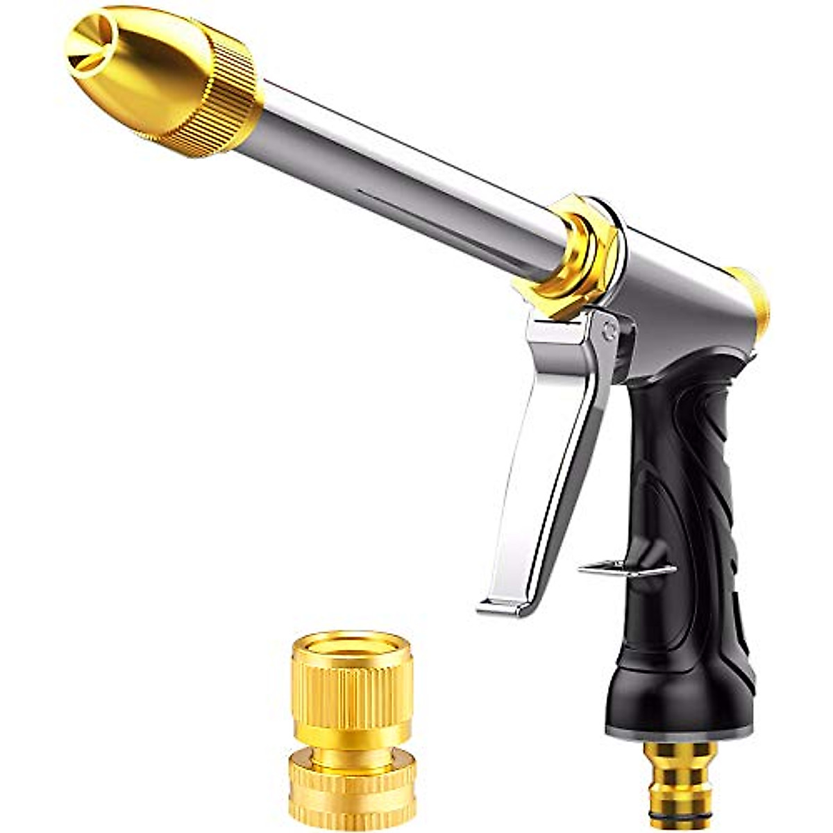 Upgrade Water Hose Nozzle Long Rod Garden Hose Nozzle Heavy Duty metal Brass sprayer 360° Rotaing spray gun for car wash, Plants and Lawn,Patio Gardening, Pets Shower Hose Nozzle + Quick Connector