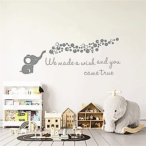 Home Nursery Room Wall Decor Sticker Baby Elephant Blowing Bubble Wall Sticker Vinyl Wall Decal Quotes We Made a Wish and You Came True Kids Bedroom Wall Mural AFN100 (Gray)