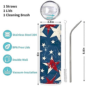 Honeybaby Patriotic Stars Coffee Tumbler 20 oz with Straw & Lid Leak Proof Tumbler Reusable Stainless Steel Tumblers Insulated Water Bottles Gifts for Women Men