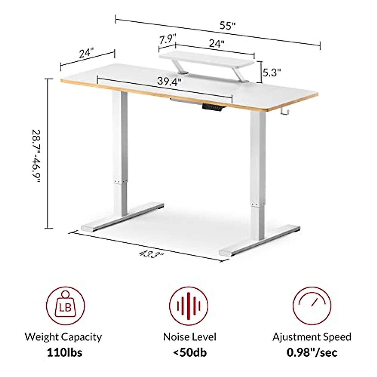 SANODESK Height Adjustable Desk 55 inch, Electric Standing Desk/w USB Charging Ports, White Sit Stand Desk for Home Office with Monitor Shelf (55 x 24 inches)