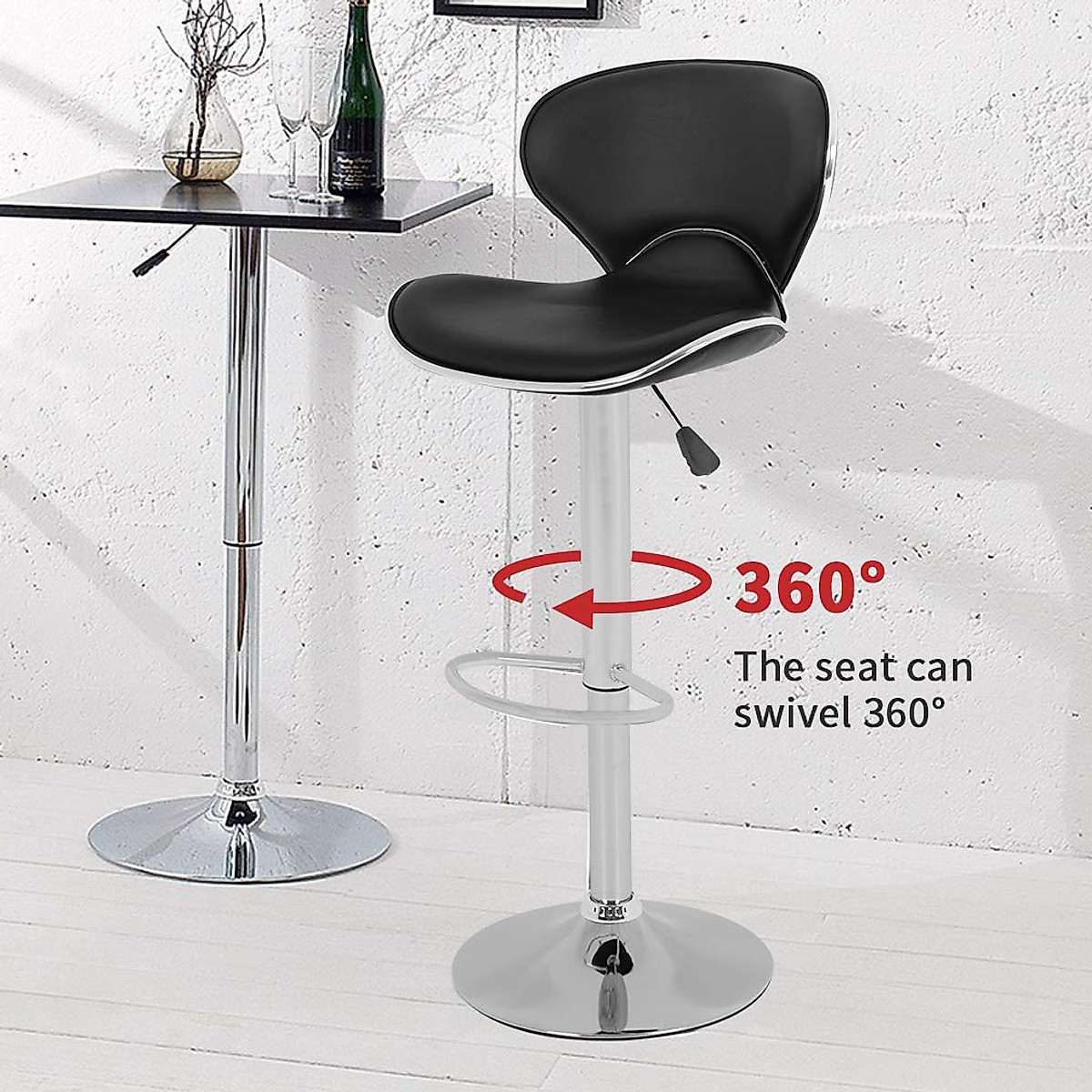 Vnewone Set of 2 Swivel Barstools Height Adjusta with Back Dining Kitchen Room Counter PU Comfortable Bar Chairs, Black