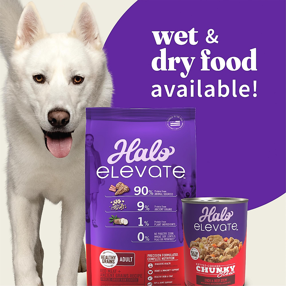 Halo Elevate Wet Dog Food, Kettle Cooked Chunky Healthy Grains Duck & Beef Stew with Carrots, White Potatoes & Brown Rice, 12.7oz (Pack of 6)
