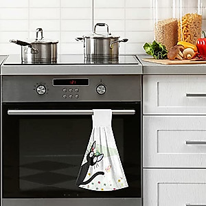 KOCOART Cute Black Cat Kitchen Towels Spring Summer Flower Bathroom Hand Towel Hanging Tie Towel with Loop 2PCS Soft Absorbent Dish Cloth Fingertip Towel for Oven Stove Handle Tabletop