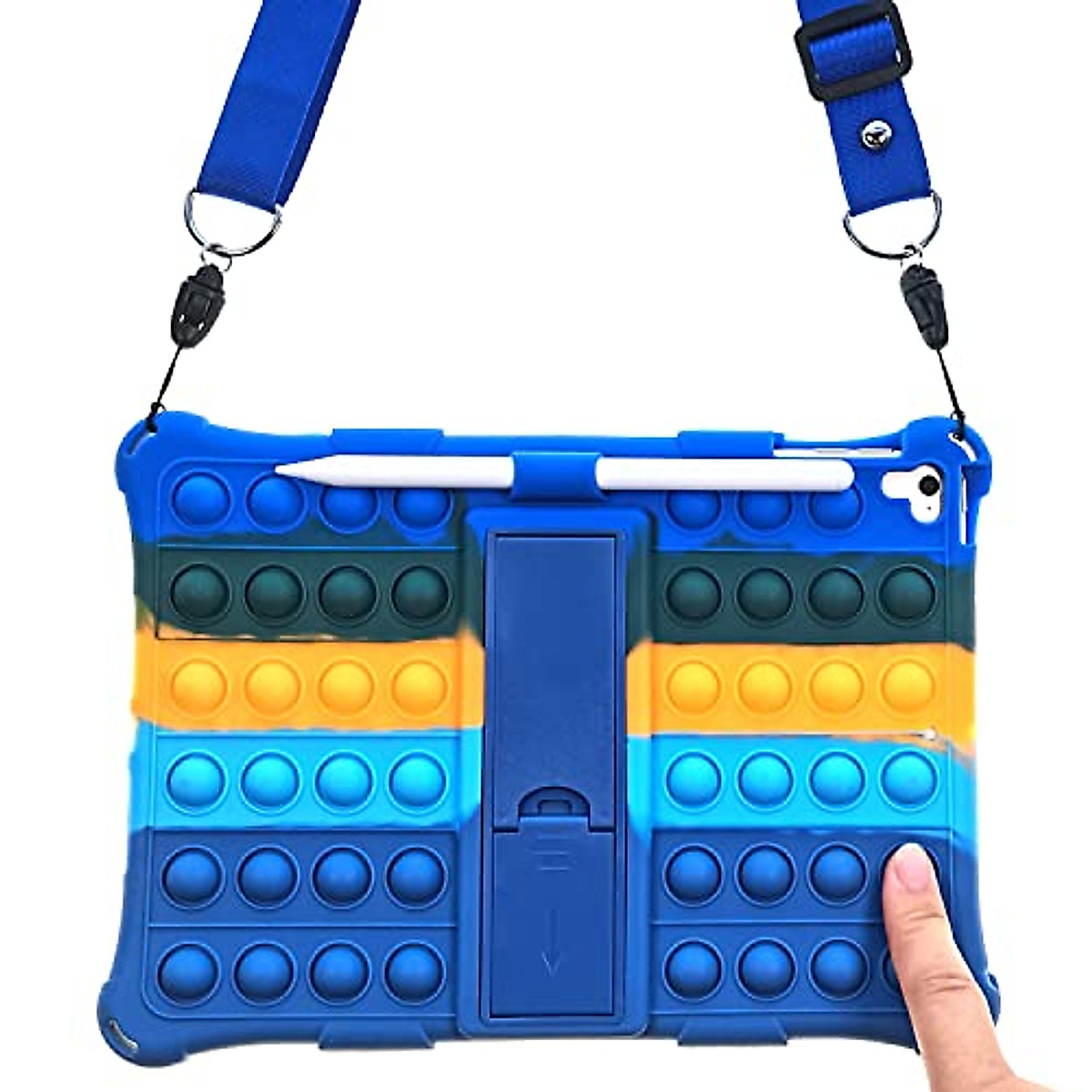 iZi Way Pop It for iPad Case 6th / 5th Generation 2018/2017, for iPad Air 2, Pro 9.7 Kids Boys, Poppet Fidget Push Bubble Silicone Tablet Cover, Stand, Strap, Pencil Holder for iPad Air 9.7" - Blue