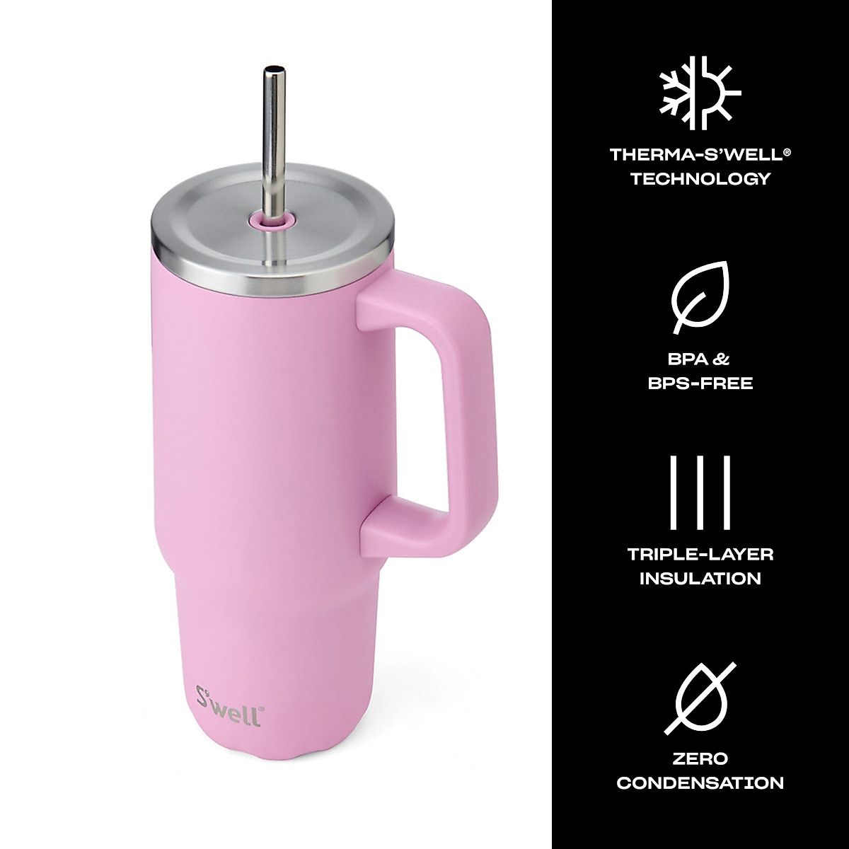 S'well Recycled Stainless Steel Tumbler XL with Straw and Handle, 30oz, Hydrangea Pink, Triple Layered Vacuum Insulated Containers Keeps Drinks Cold for 36 hours and Hot for 9