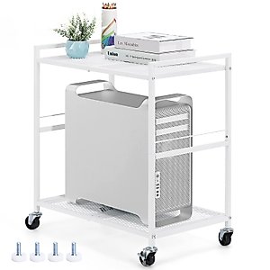 YBING Computer Tower Stand White PC Tower Stand 2 Tier CPU Holder Stand with Wheels Metal Mobile Computer Tower Cart Rolling PC Stand Floor for Fax Home Office