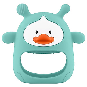Baby Teething Toys, Duck Baby Teether Toy for Babies 3+ Months, Baby Chew Toys for Sucking Needs, Never Drop Silicone Baby Mitten Teether for Soothing Teething Pain Relief Green